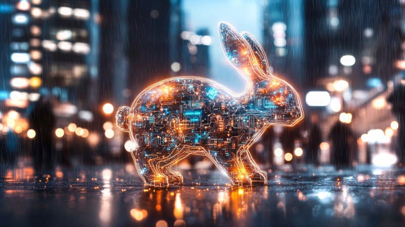 Futuristic Digital Rabbit Illuminated in a Bustling City at Night with ...