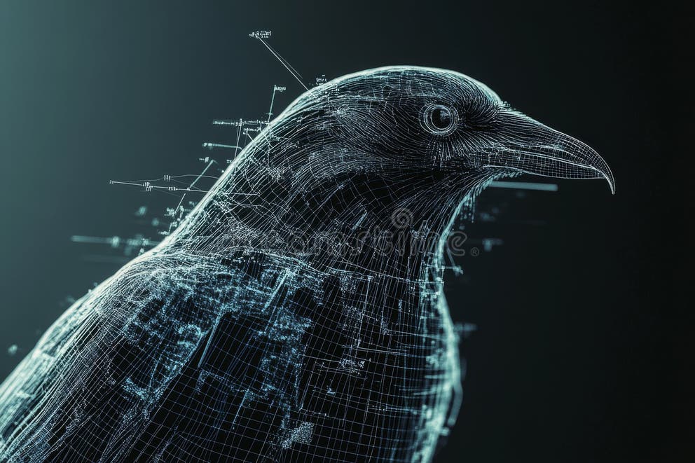 Futuristic Digital Raven with Wireframe Design and Technological ...