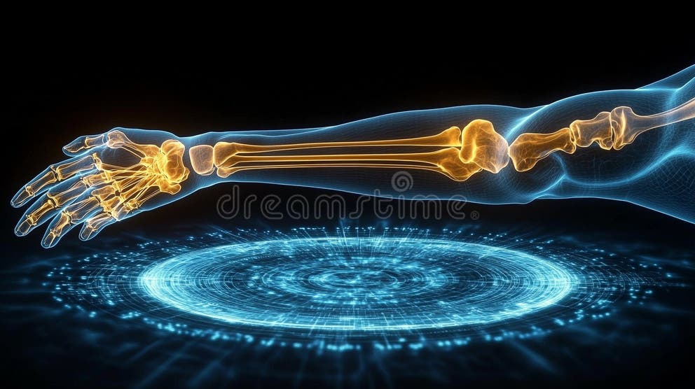Futuristic Digital X-ray of a Human Arm with Glowing Bones Interacting ...