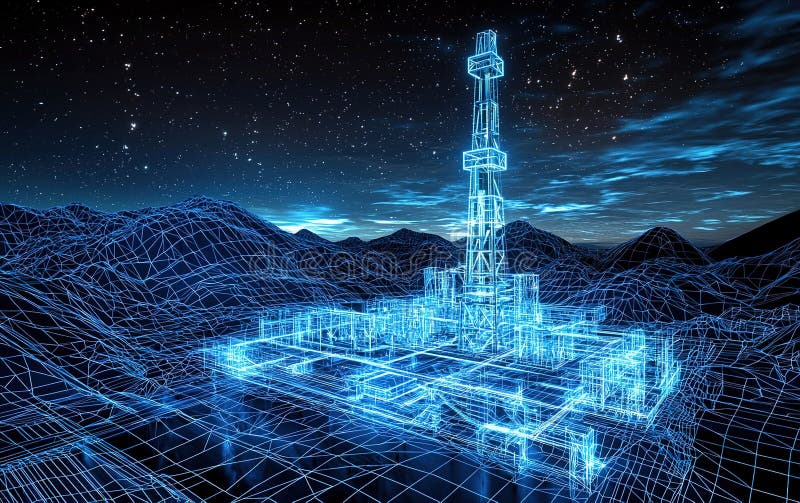 A Futuristic Digital Rendering of an Offshore Oil Rig Under a Starry ...