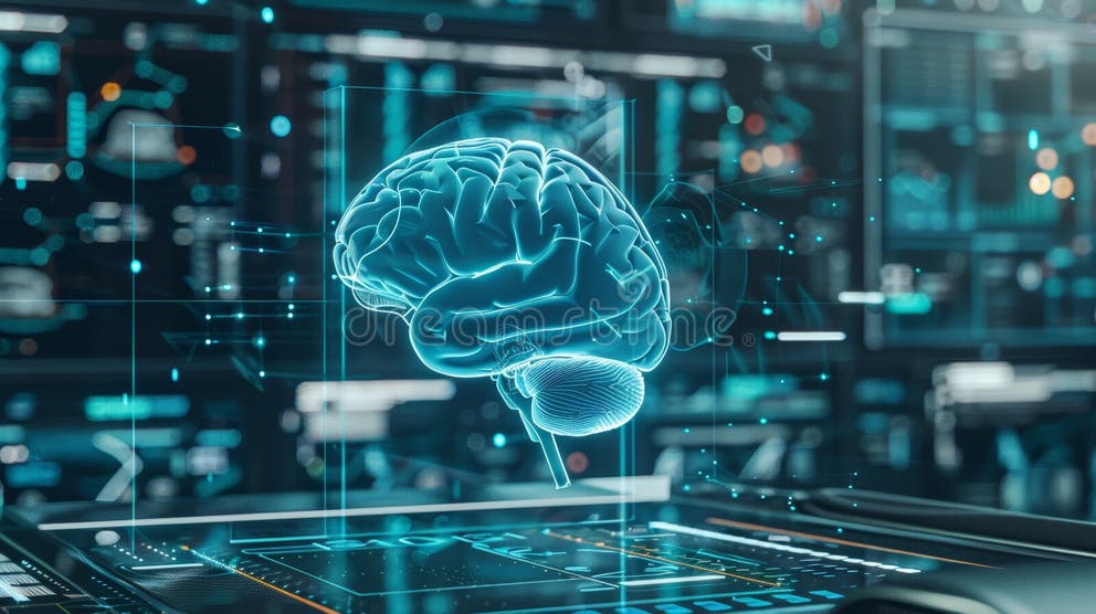 A Futuristic Digital Representation of a Human Brain, Glowing with Blue Light, Against a ...