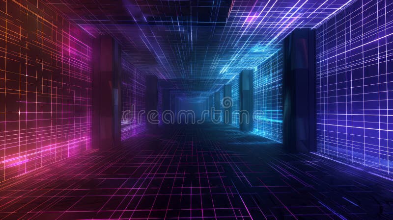 Futuristic Digital Room Background, Empty Dark Space with Wireframe ...