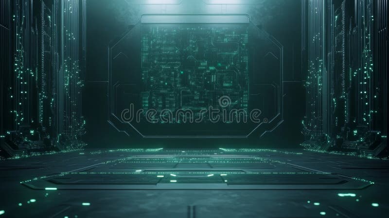 Futuristic Digital Room with Glowing Circuits and Holographic Displays ...