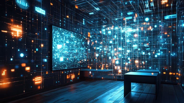 Futuristic Digital Room with Glowing Data Streams and Large Information ...
