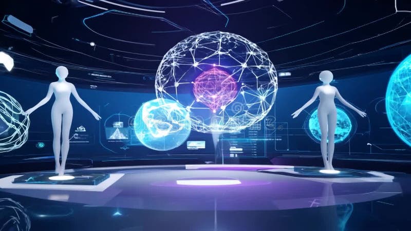 A Futuristic Digital Room with Two White Humanoid Figures Standing on ...
