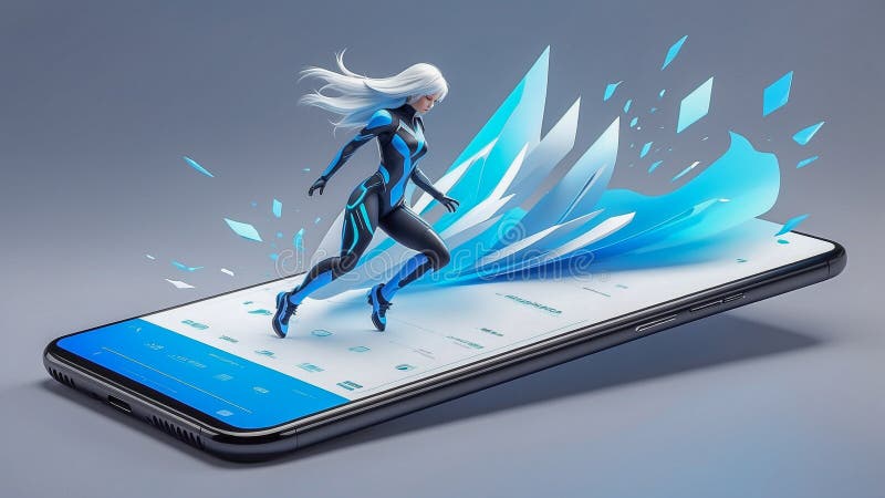 Futuristic Digital Runner Emerging from Smartphone Screen Stock ...