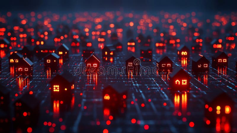 A Futuristic Digital Scene with Glowing Houses Connected by Luminous ...