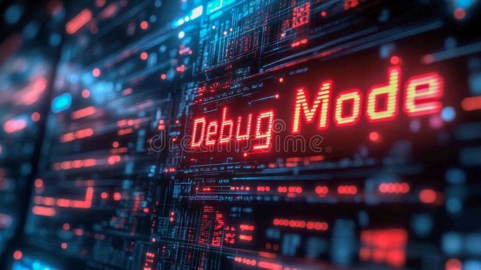 Futuristic Digital Screen Displaying "debug Mode" in Red Neon Lights ...