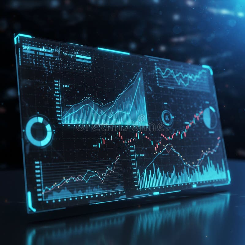 A Futuristic Digital Screen Displays Multiple Intricate Graphs and Charts, Showcasing Stock ...