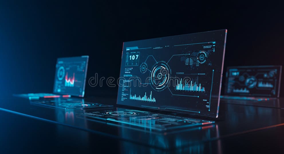 Futuristic Digital Screens Displaying Holographic Interfaces with Data ...