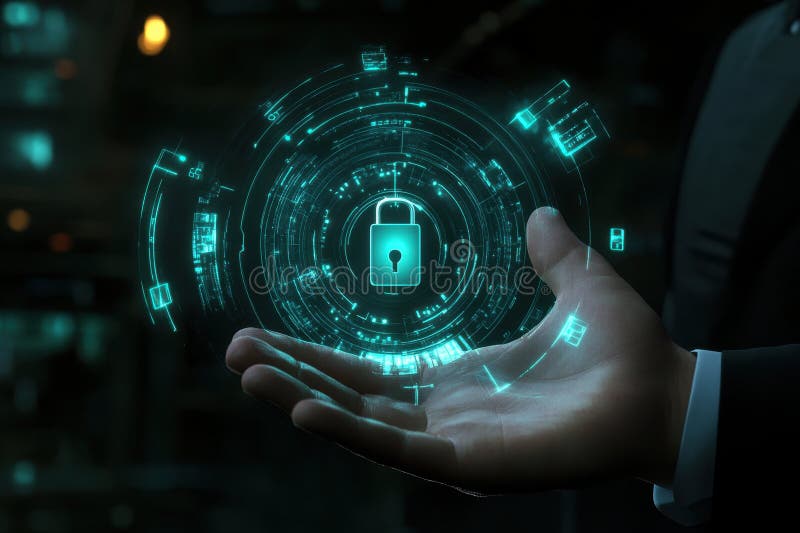 Futuristic Digital Security Concept with Hand Holding Holographic Lock ...
