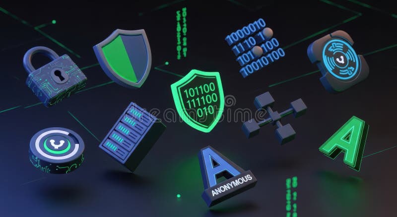 Futuristic Digital Security Icons Cybernetic Network Shield Padlock Tech Symbols Stock ...