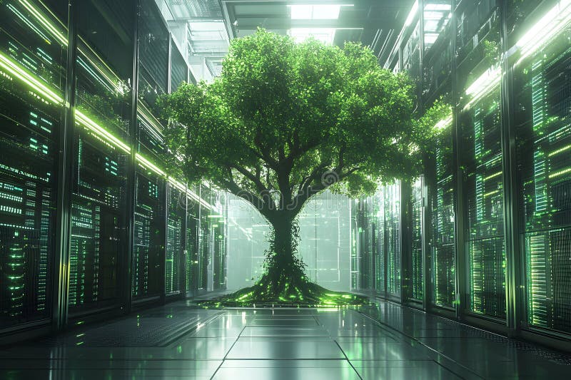 Futuristic Digital Server Room Encompassing Lush Green Tree and ...
