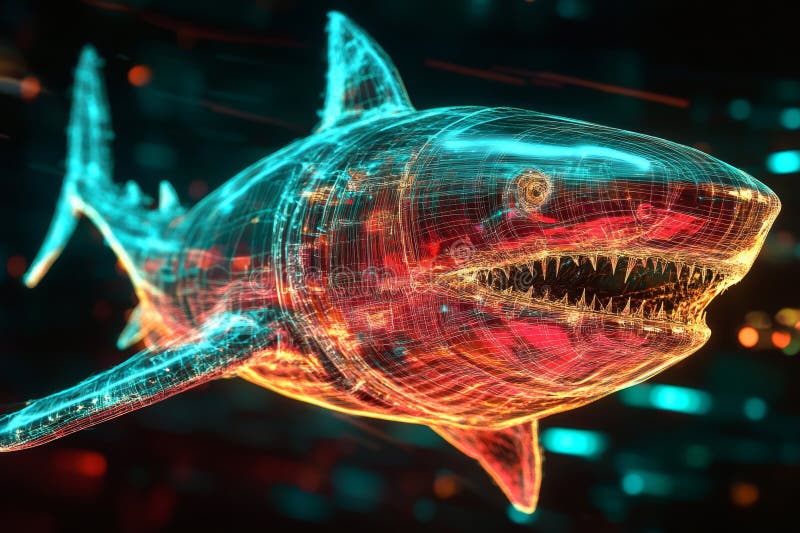 Futuristic Digital Shark Hologram with Neon Lights and Cybernetic ...