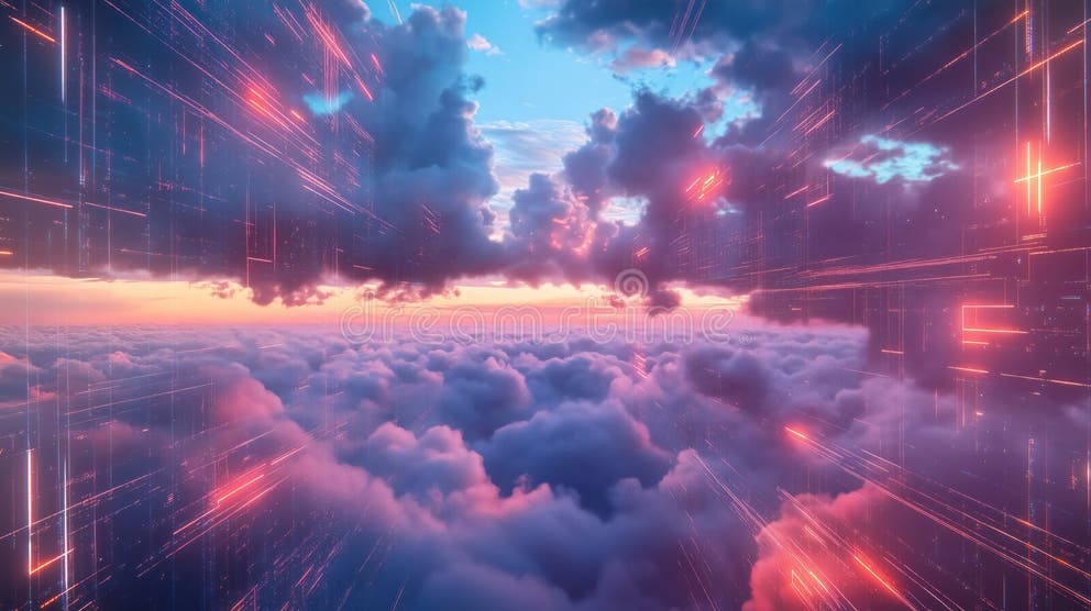 Futuristic Digital Sky with Clouds and Glowing Elements at Sunset Stock ...