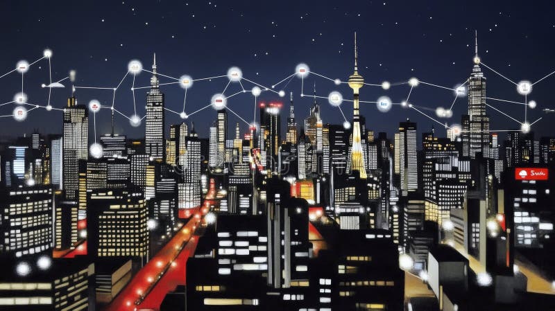 Futuristic Digital Skyline with Starry Night Sky Stock Illustration ...