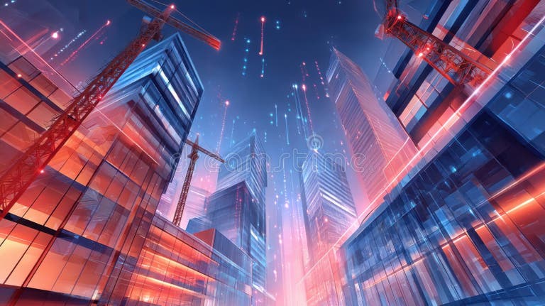 Futuristic Digital Skyscraper Construction Site Illuminated with Bright Neon Lighting Effects ...