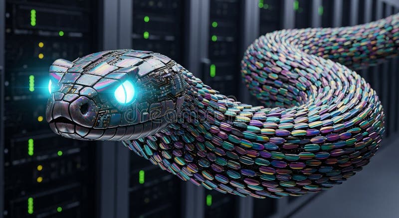 Futuristic Digital Snake with Glowing Blue Eyes and Iridescent Scales ...