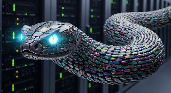 Futuristic Digital Snake with Glowing Blue Eyes and Iridescent Scales ...