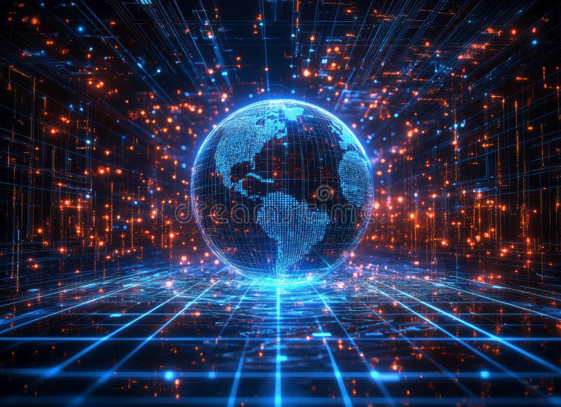 In a Futuristic, Digital Space of Blue and Black, a Radiant Sphere with ...