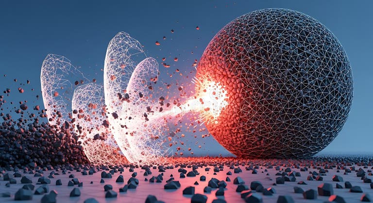 Futuristic Digital Sphere Exploding with Glowing Fragments in Blue and Red Tones Stock ...