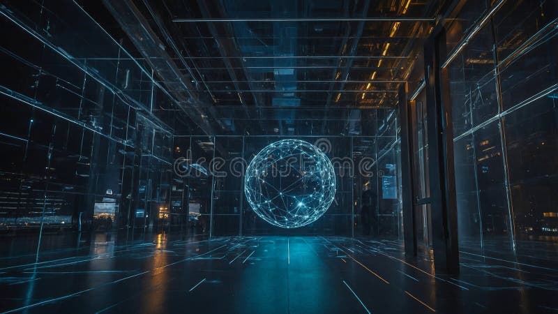 Futuristic Digital Sphere in Modern Glass Building Stock Illustration ...