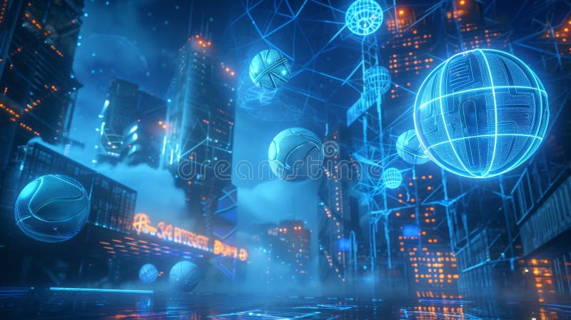 Futuristic Digital Sphere Network in Cyberpunk Cityscape, Generative AI ...