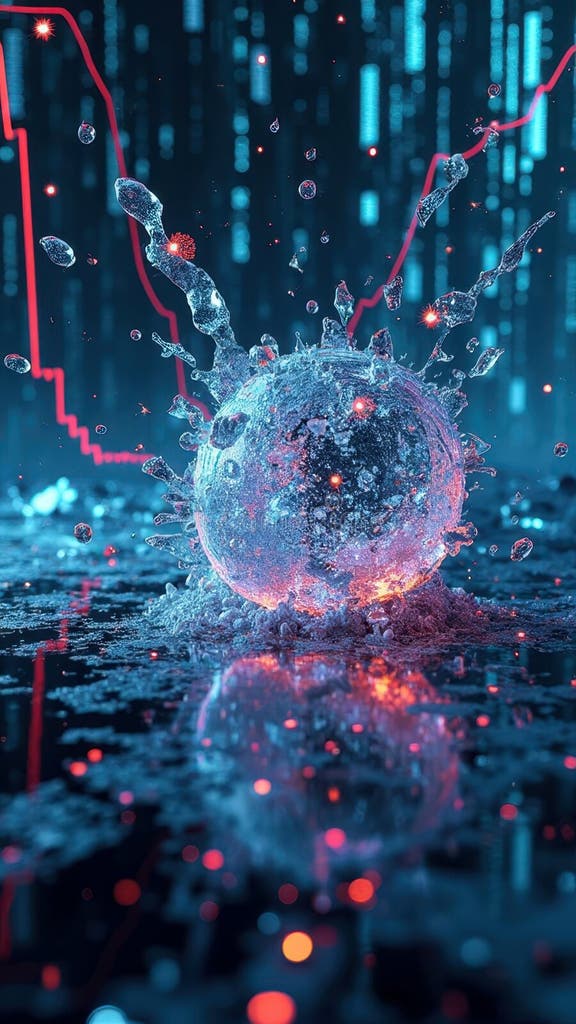Futuristic Digital Sphere Splash with Data Patterns and Red Graph Lines ...