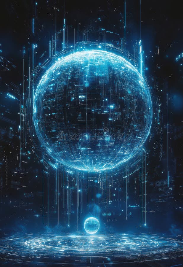 Futuristic Digital Sphere Surrounded by Glowing Blue Circuits Stock ...