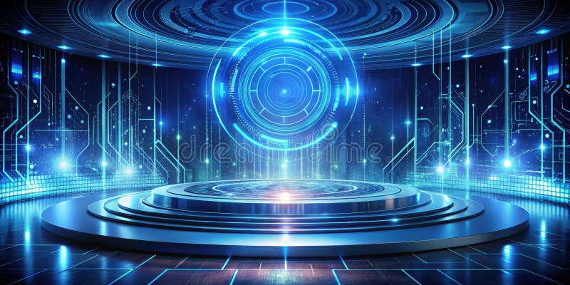 Futuristic Digital Stage with Illuminated Circuitry and Glowing ...