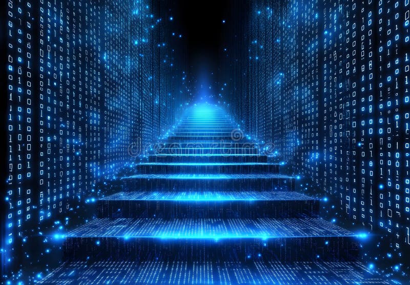 Futuristic Digital Staircase of Glowing Blue Binary Code Leading Upward ...