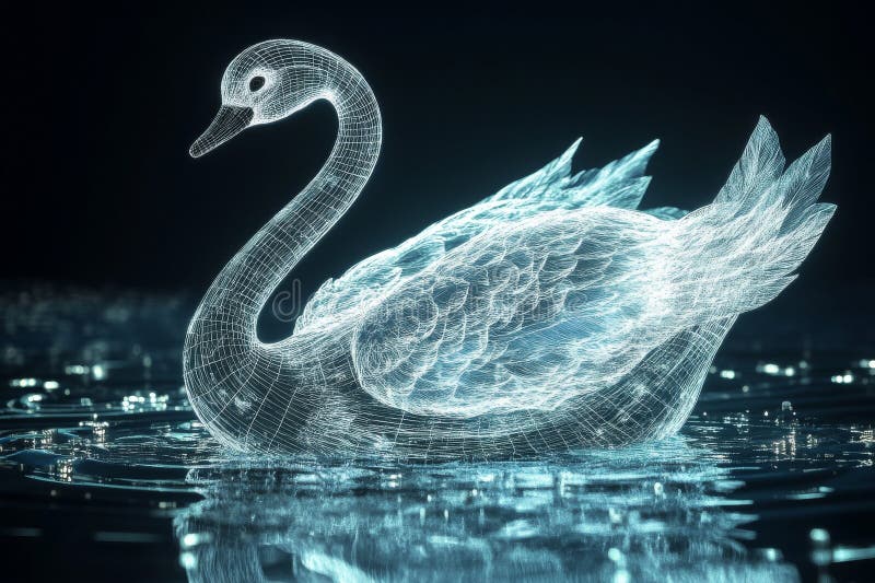 Futuristic Digital Swan with Glowing Wireframe Design on Water Surface ...