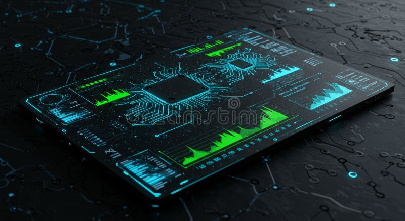 A Futuristic Digital Tablet Displaying a Complex User Interface with ...