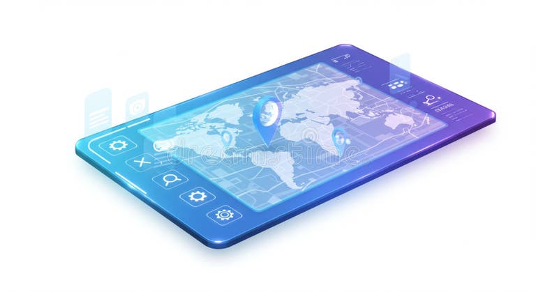 Futuristic Digital Tablet Interface Displaying a 3D World Map. the ...