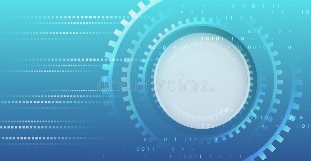 Futuristic Digital Technology Background with Abstract Gear Shapes, Binary Code, and Glowing ...