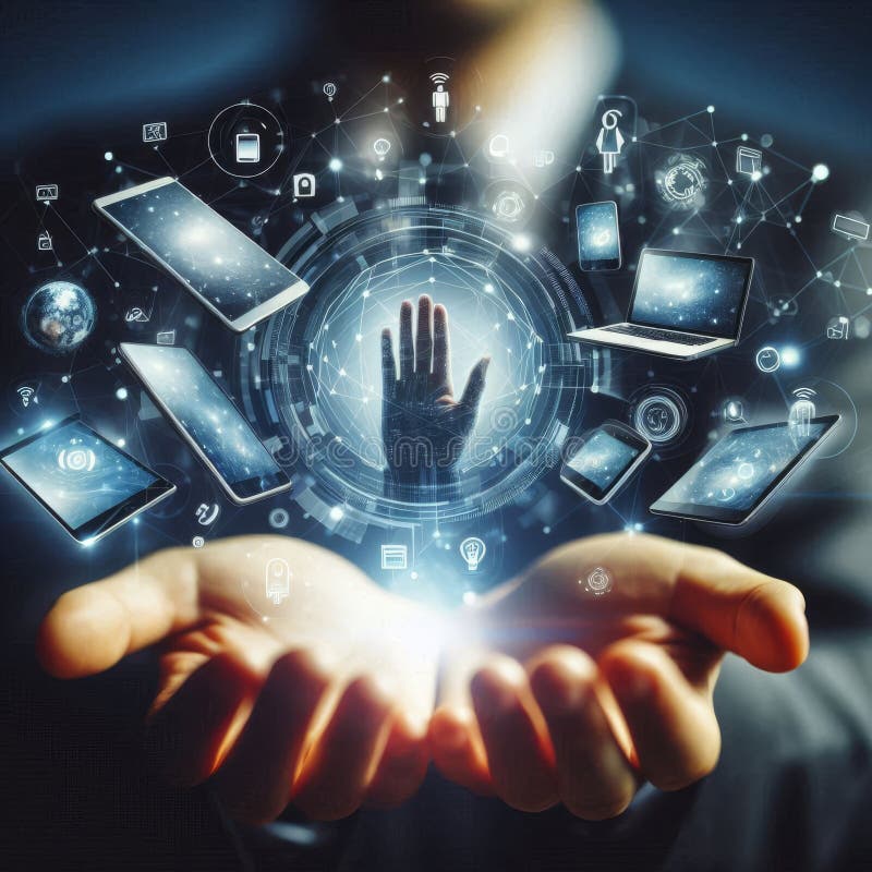 Futuristic Digital Technology Concept with Hand and Devices Stock Image ...