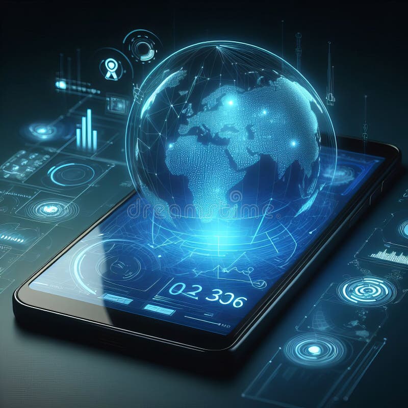 Futuristic Digital Technology Concept with Smartphone and Globe Stock ...