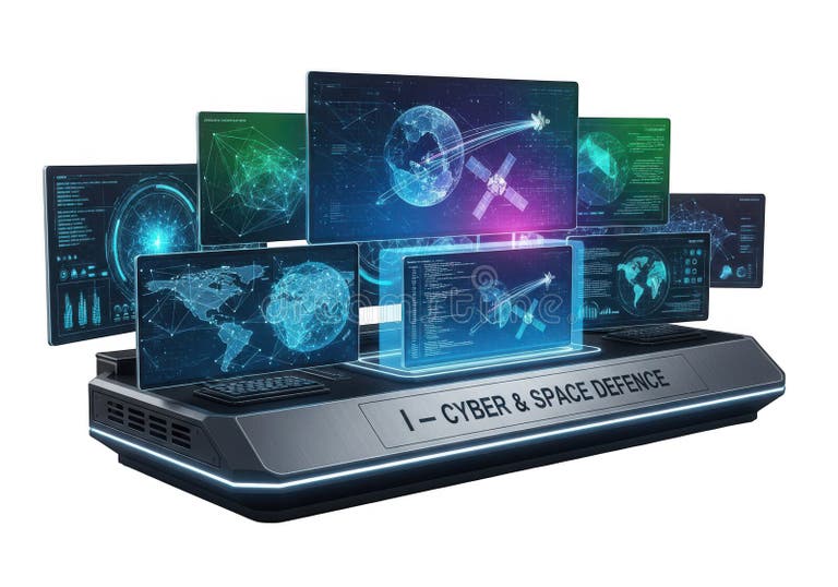 Futuristic Digital Technology Display with Holographic Interfaces and Geometric Shapes Stock ...