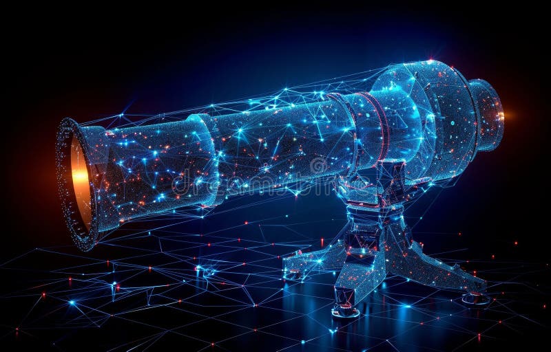 Futuristic Digital Telescope with Glowing Network Connections on Dark ...