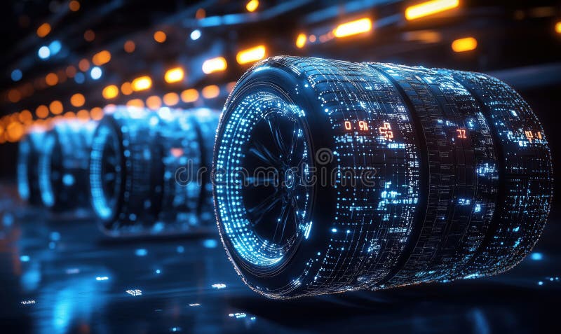 Futuristic Digital Tires with Glowing Circuits and Data Patterns in ...