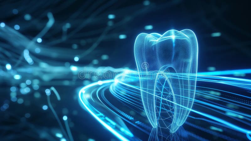 Futuristic Digital Tooth with Blue Light Trails Stock Photo - Image of ...