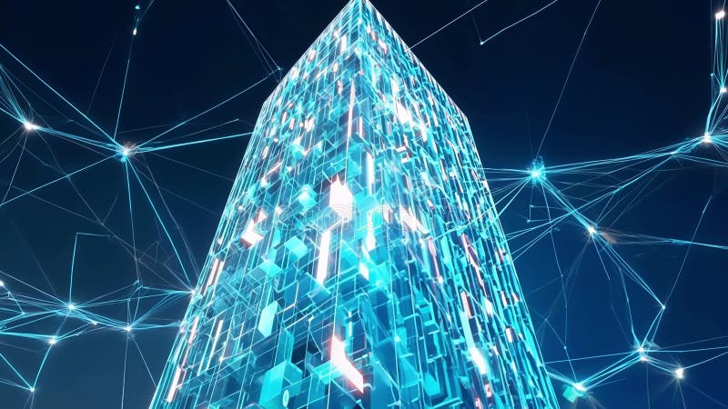 Futuristic Digital Tower with Glowing Cubes and Network Connections ...