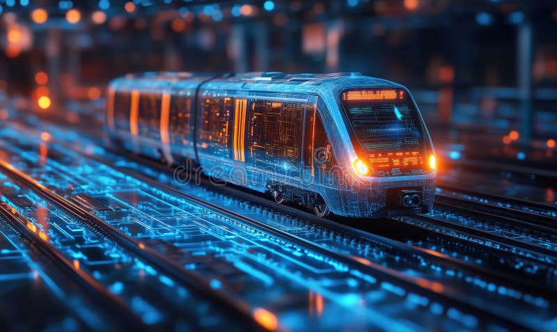 Futuristic Digital Train on Illuminated Tracks with Circuit Patterns ...