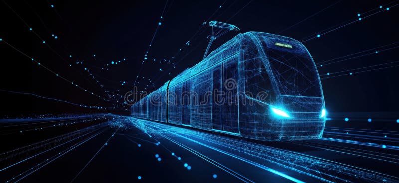 Futuristic Digital Train in Motion with Glowing Blue Wireframe Design ...