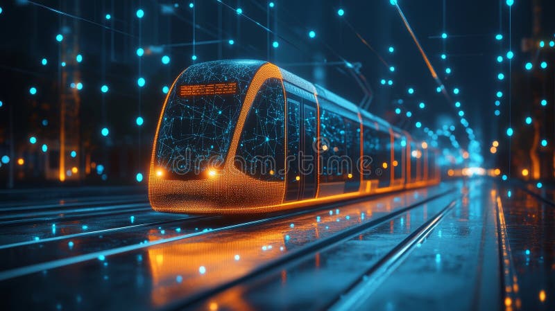 Futuristic Digital Tram, Abstract City Transportation with Light Rail ...