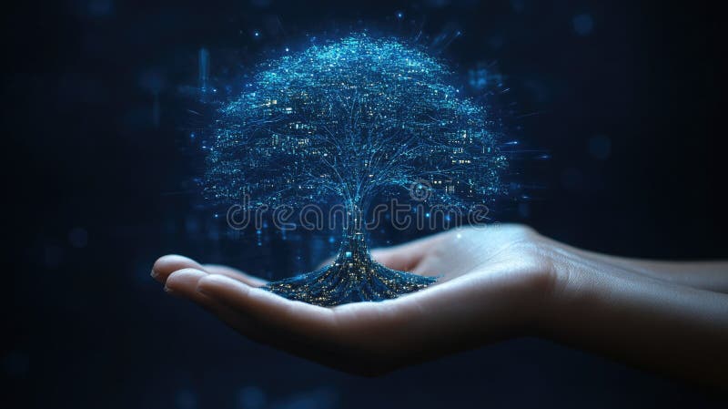Futuristic Digital Tree Emerging from Hand in Glowing Night Scene Stock ...