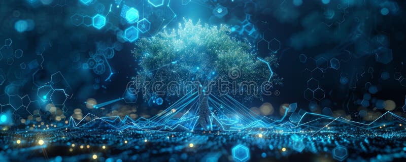 Futuristic Digital Tree with Glowing Blue Technology Background Stock ...