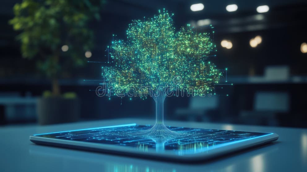 Futuristic Digital Tree with Glowing Circuits Emerges from a Tablet ...