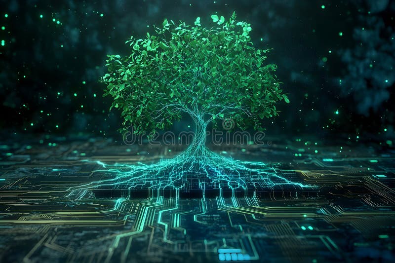 Futuristic Digital Tree Growing from Circuit Board with Luminous Roots ...