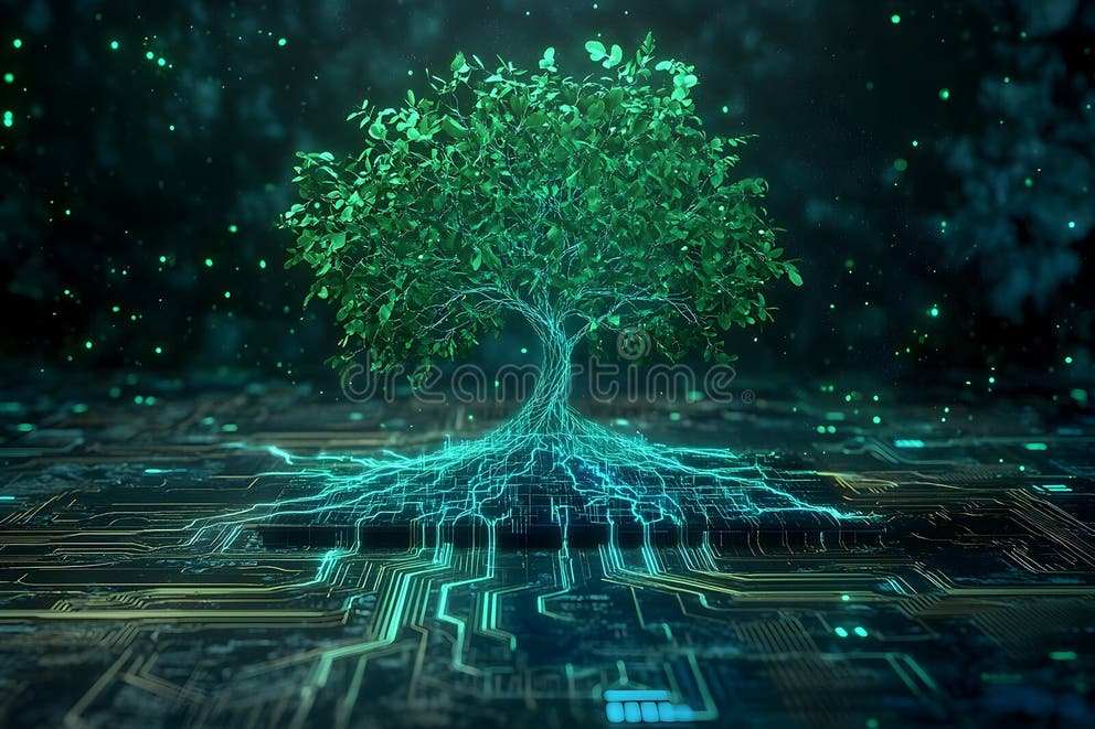 Futuristic Digital Tree Growing from Circuit Board with Luminous Roots ...